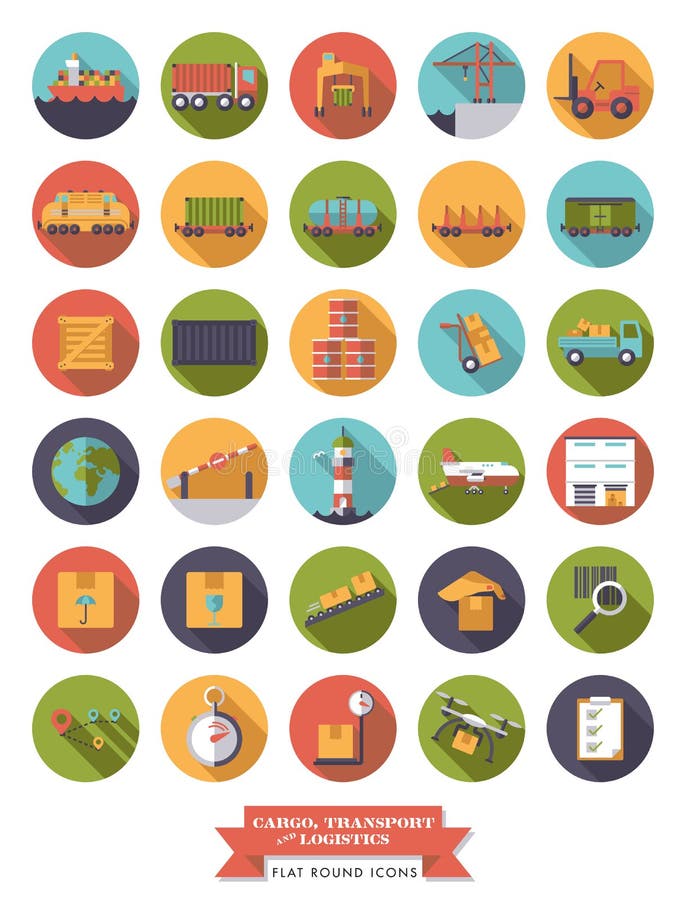 Cargo, Transport and Logistics Round Flat Icons Vector Set. Stock ...