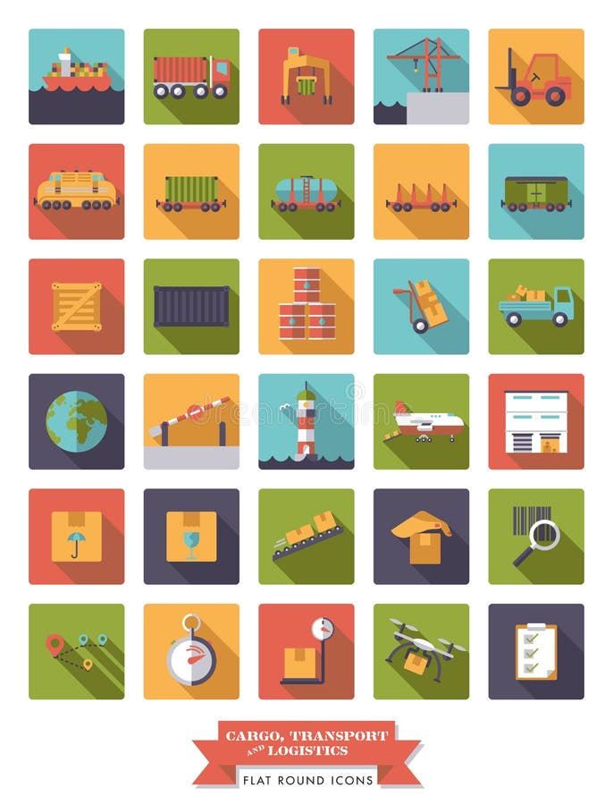 Cargo, Transport and Logistics Square Flat Icons Vector Set. Stock ...