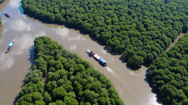 Cargo Ship Navigating Lush Green Mangrove Forest River Stock Footage ...
