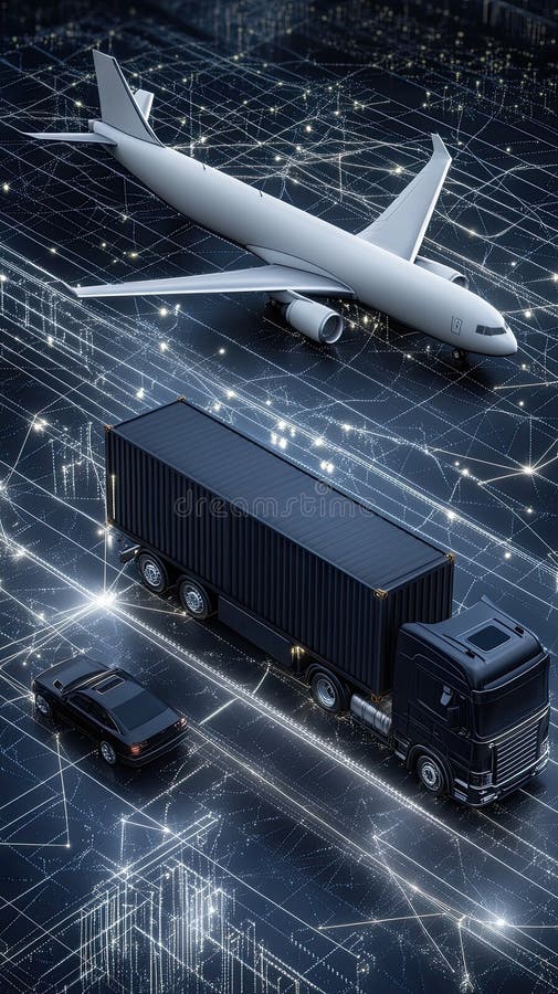 Cargo Truck, Container, and Airplane Illustrated with Digital ...