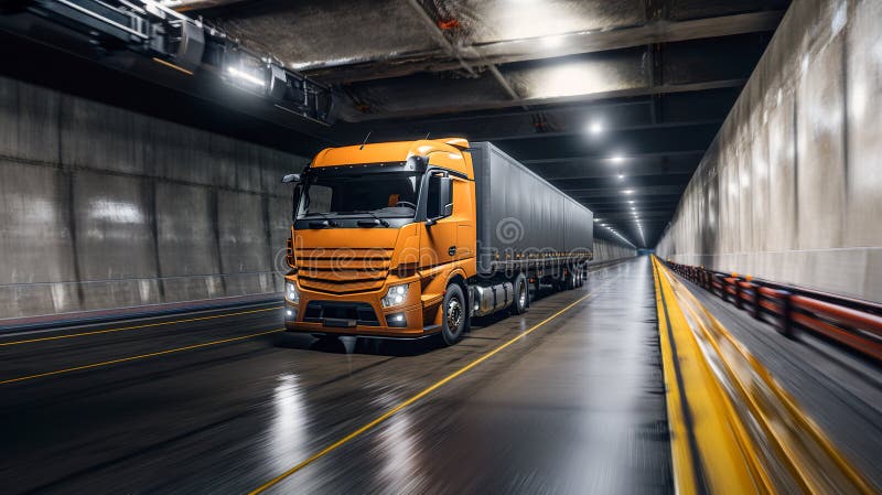 Cargo Truck Driving Inside a Long Tunnel: Transporting Goods and ...