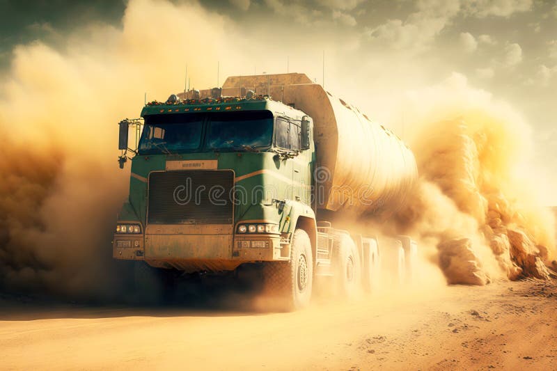 Cargo Truck with Powerful Engine Drives on Dusty Road Stock ...