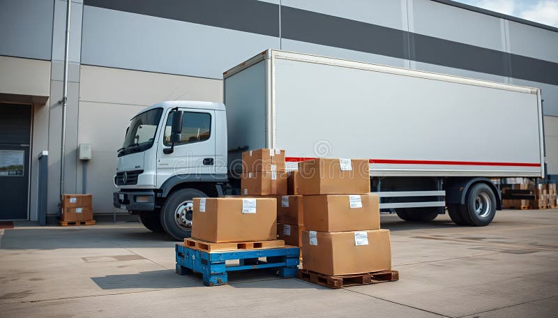 Cargo Truck Loading Packages at a Warehouse for Delivery Stock Image ...