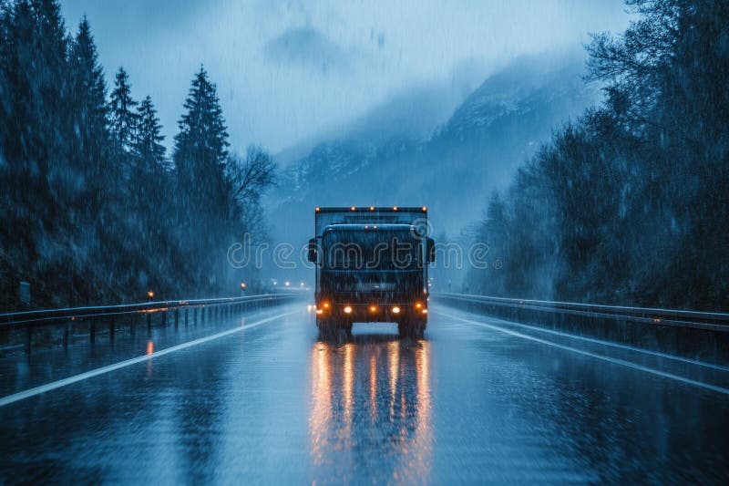 Cargo Truck Transporting Goods on Wet Highway during a Rainy Night ...