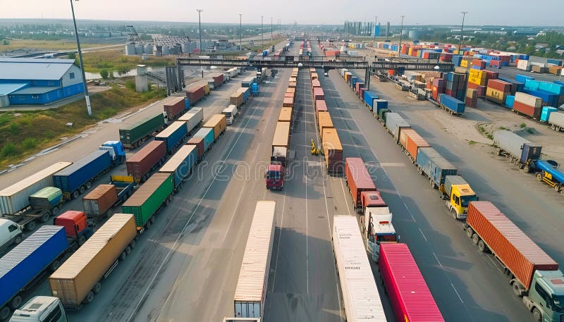 Cargo Trucks, Border Crossings. Aerial High View Stock Illustration ...