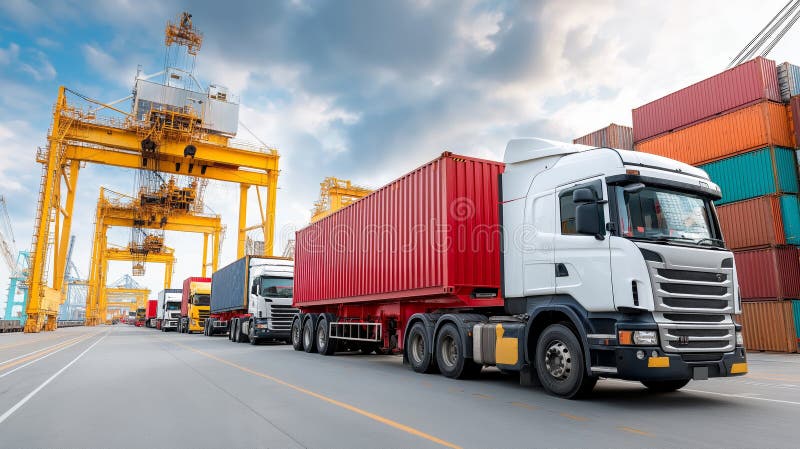 Cargo Trucks in Container Port Terminal Under Cloudy Sky with Large ...