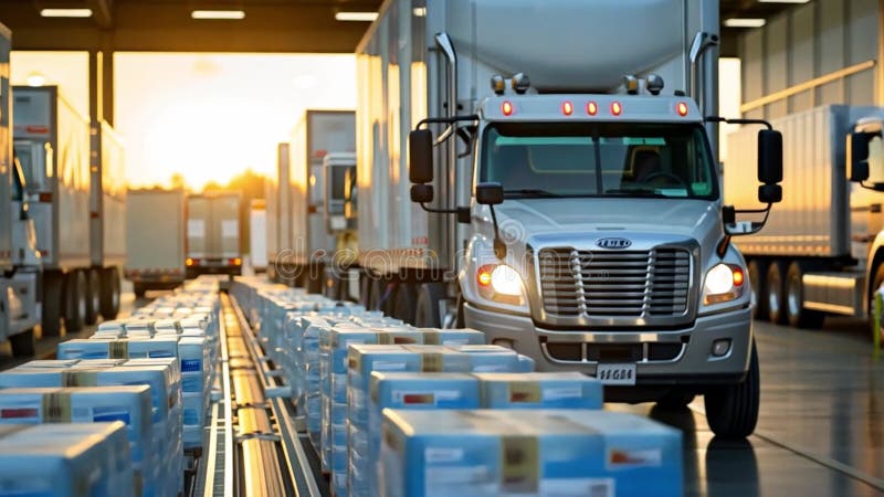 Cargo Trucks Prepare for Loading with Packages Organized in Rows As the ...