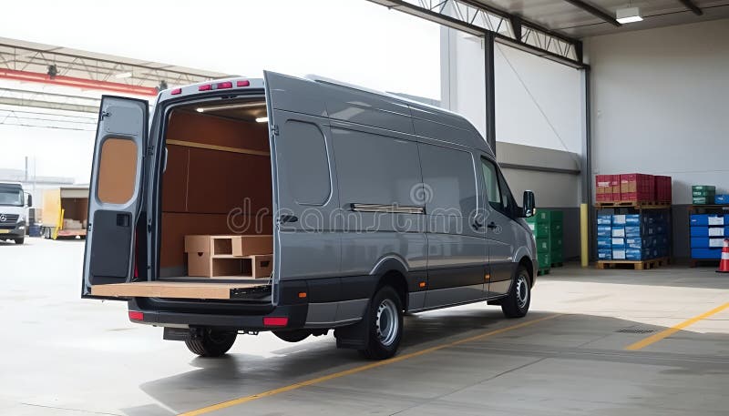Cargo Van Parked at Warehouse Loading Dock with Open Doors and ...
