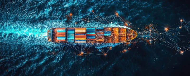 A Cargo Vessel on the Sea with Technological Digital Overlay ...