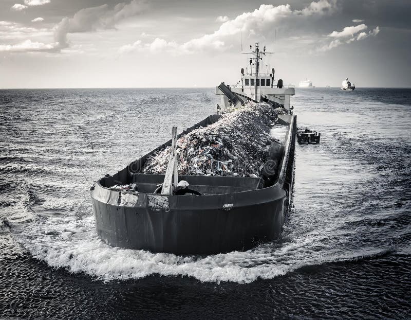 Cargo Vessel Transporting Waste Across an Ocean Under a Cloudy Sky ...