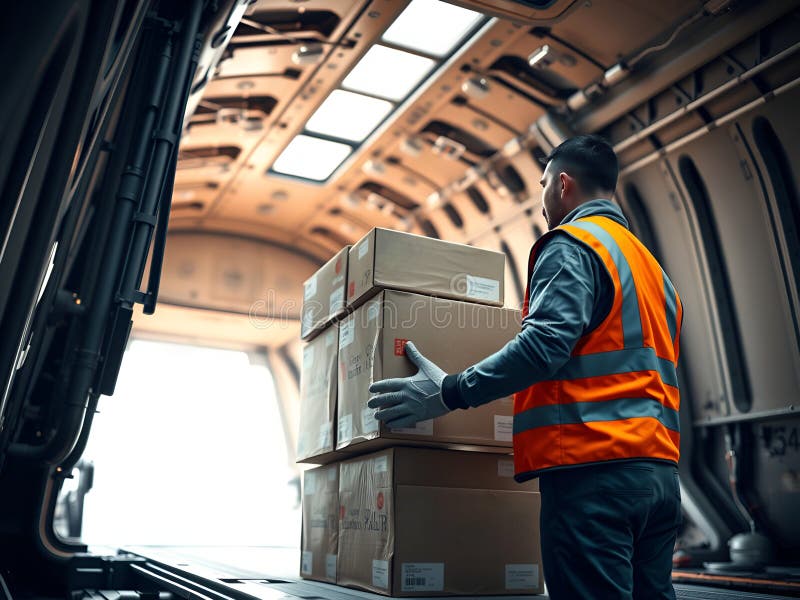 Cargo Worker Loading Packages into an Airplane for Air Freight ...