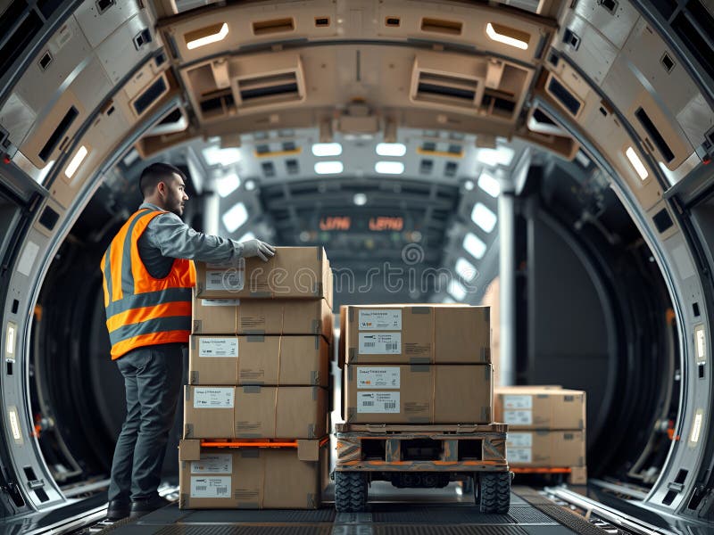 Cargo Worker Loading Packages into an Airplane for Air Freight ...