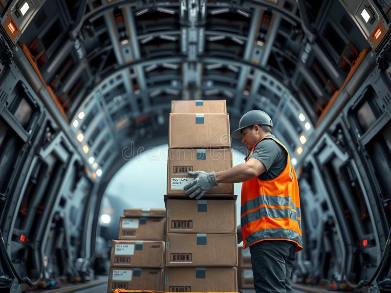 Cargo Worker Loading Packages into an Airplane for Air Freight ...
