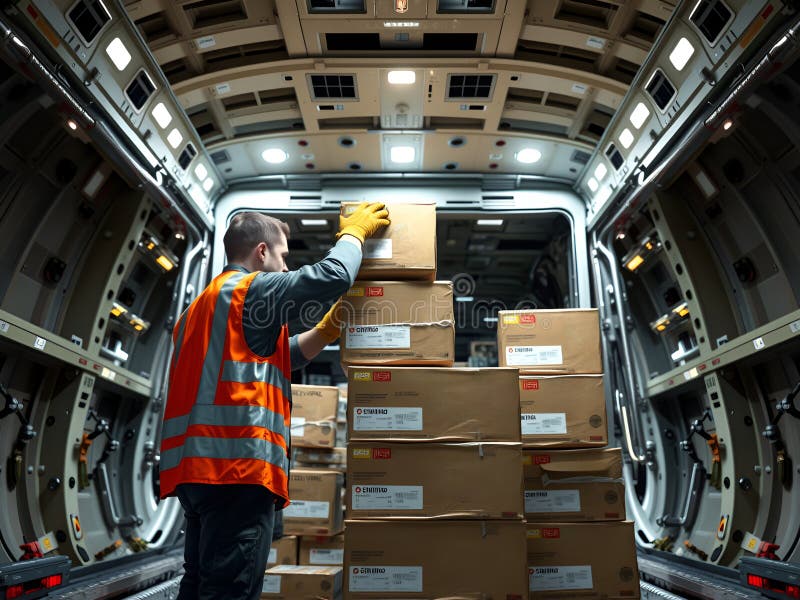 Cargo Worker Loading Packages into an Airplane for Air Freight ...
