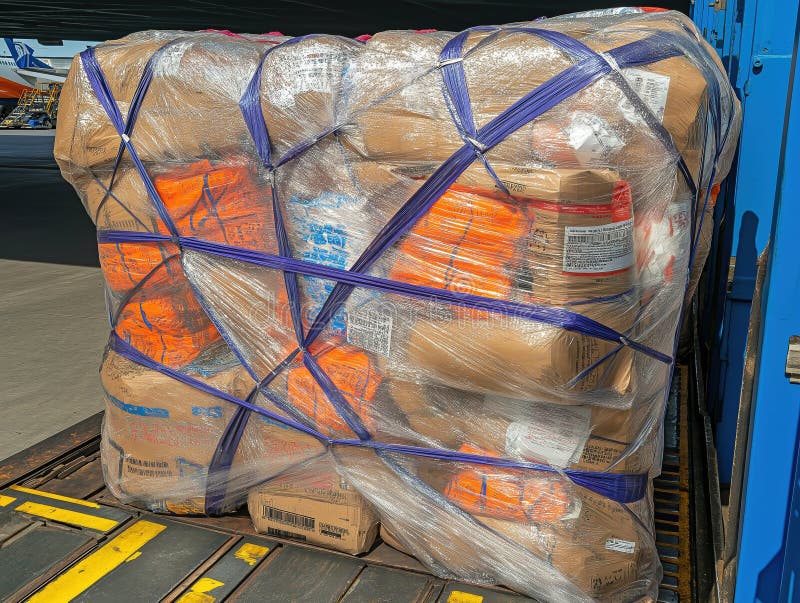 Cargo Wrapped in Plastic and Secured on a Loading Platform with Straps ...