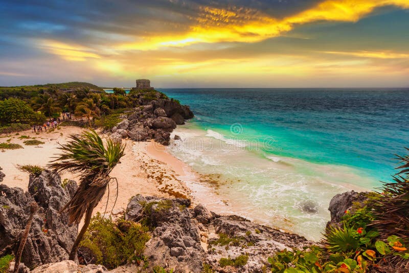 Caribbean Beach at the Cliff in Tulum at Sunset, Mexico Stock Photo ...