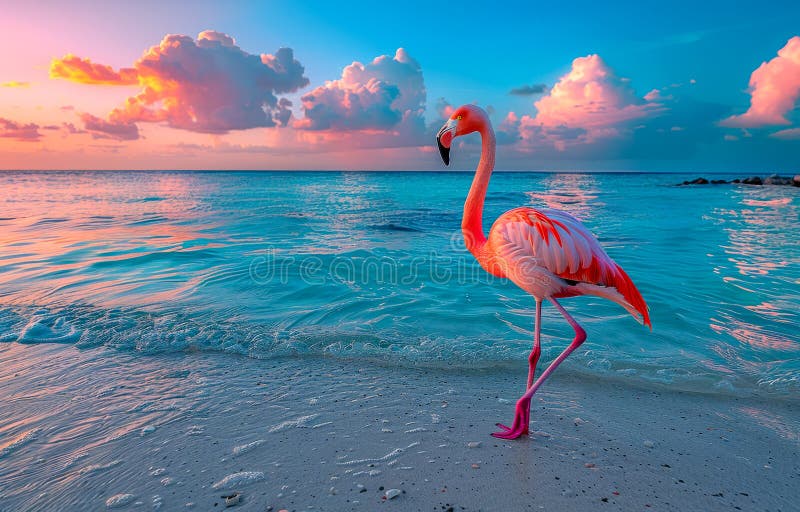 Caribbean Flamingo on the Beach at Sunset Stock Photo - Image of neck ...