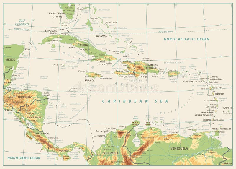 Color Caribbean Islands Map Stock Illustration - Illustration of north ...