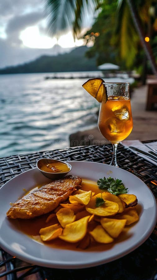 A Caribbean Rum Tasting with Fried Fish and Plantain Chips. Stock ...