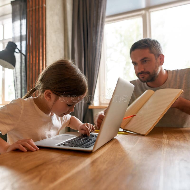 Father and Kid Study in Classroom with Laptop, Knowledge Stock Photo ...