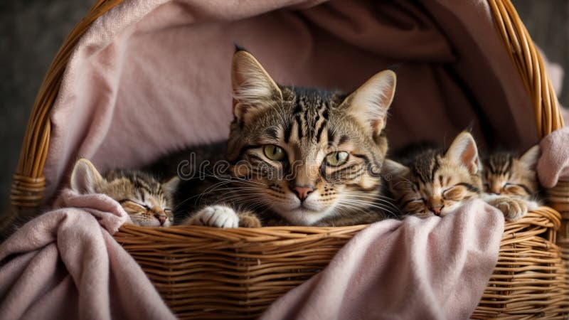 A Caring Mother Cat Watching Over Her Kittens Sleeping Peacefully in a ...