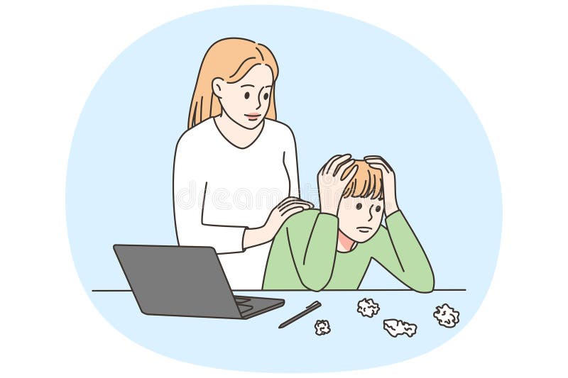 Caring Mother Comfort Upset Kid Studying Stock Vector - Illustration of ...
