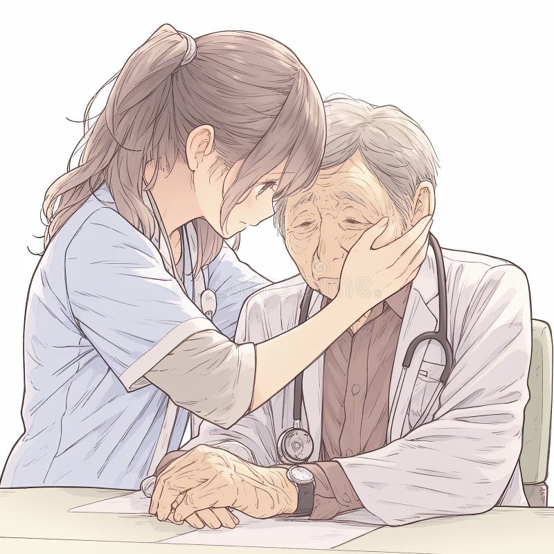 Caring Nurse Comforting Elderly Doctor with Tender Gesture Stock ...