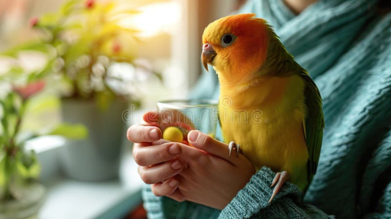 Caring for a Pet Parrot: Care and Attention in the daily Routine Stock ...