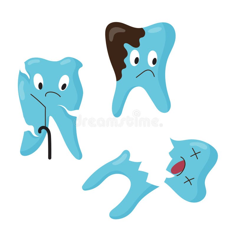 Carious Teeth. Numerous Sad Teeth Characters in Flat Style. Vector ...