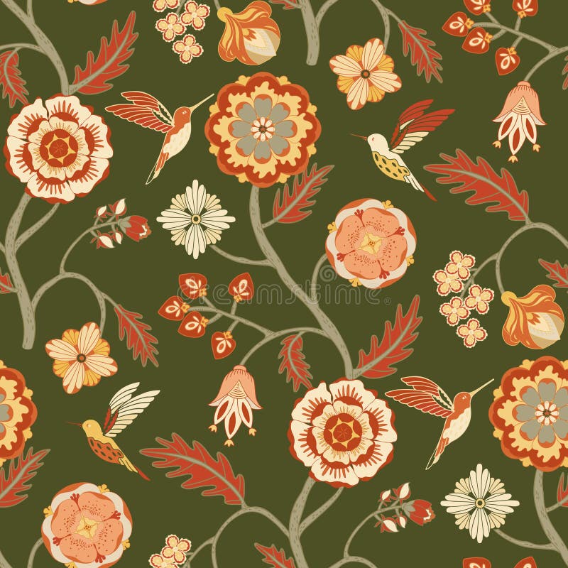 Carmine Red and Green Floral Pattern. Historical Indian Floral Style ...