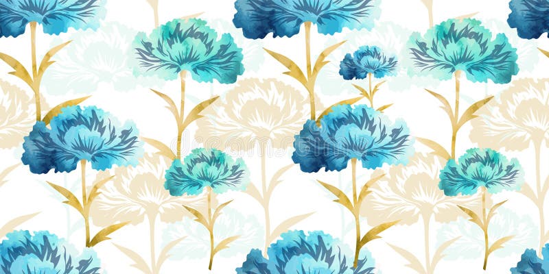 Carnation Blue Flowers Watercolor Seamless Pattern. Hand Drawing. Not AI, Vector Illustration ...