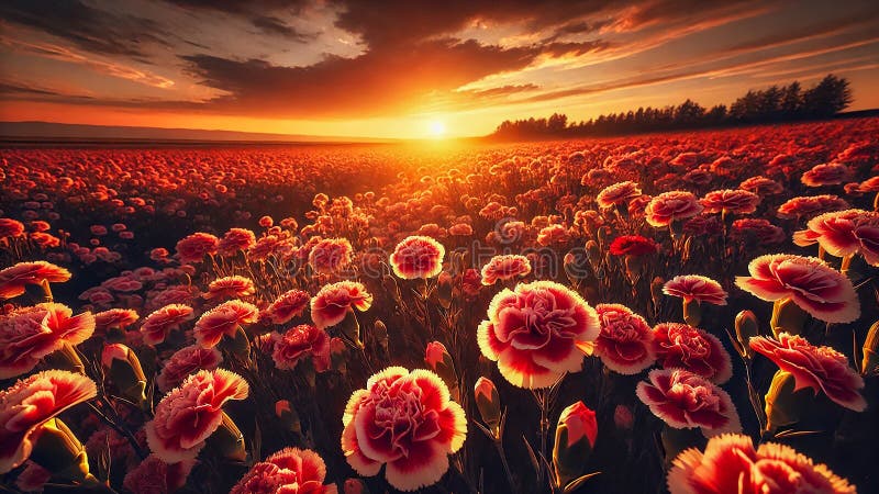 Carnation Field Bathed in the Warm, Golden Light of Sunset Stock ...