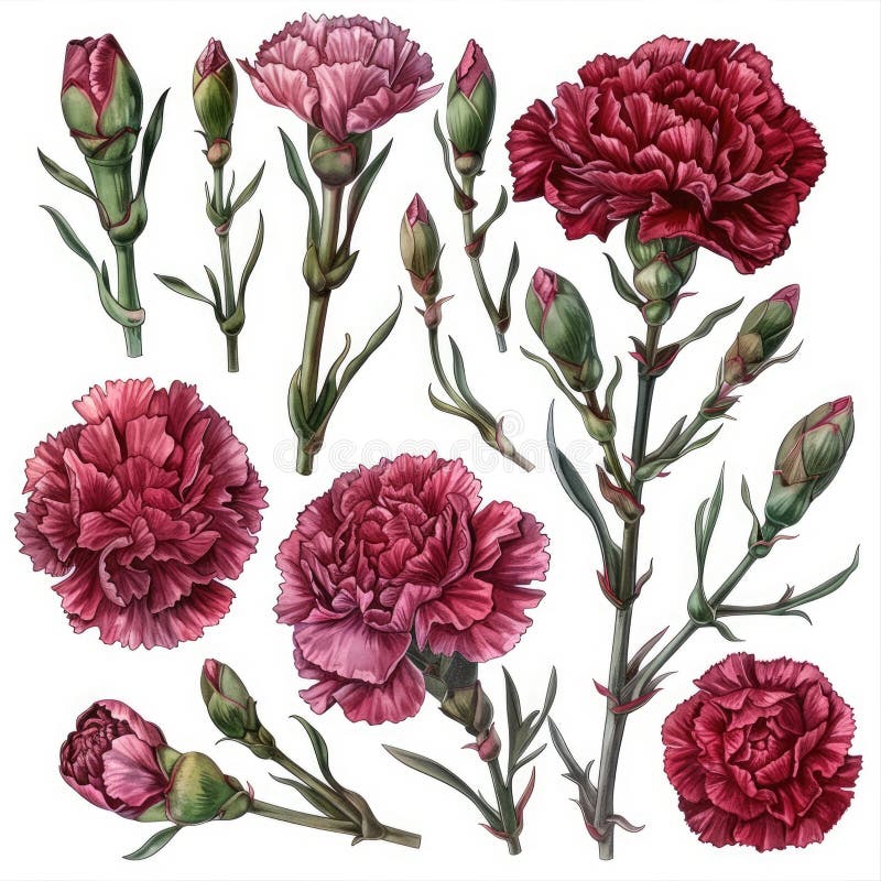 Carnation Flower Illustration on White. Botanical Floral Composition ...