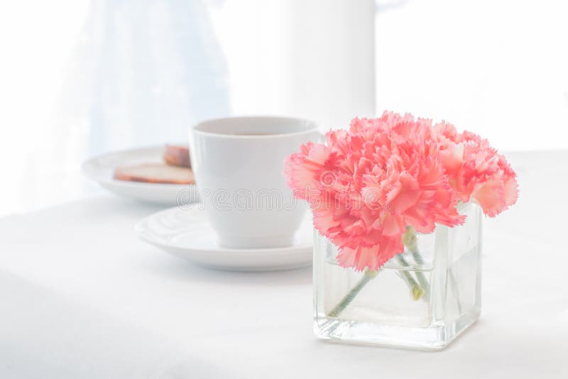 Carnations Flowers and Breakfast in the Morning. Stock Image - Image of ...