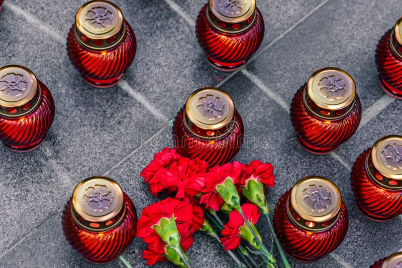 Carnations on a Marble Slab and Funeral Lamps Stock Photo - Image of ...
