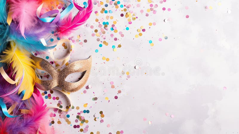 Carnival Border on Marble Background. Mardi Gras Masks, Feathers and ...