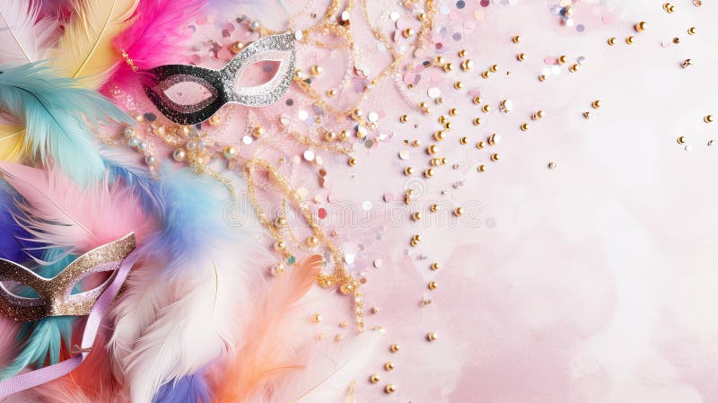 Carnival Border on Marble Background. Mardi Gras Masks, Feathers and ...