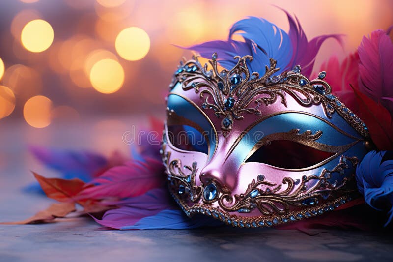 Carnival Mask with Bright Feathers and Abstract Defocused Bokeh Lights ...