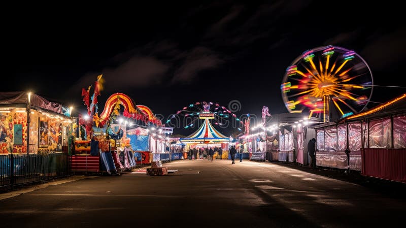 A Carnival at Night with a Ferris Wheel and Rides Stock Photo - Image ...