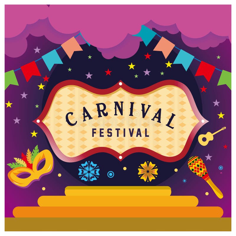 Carnival Party with Circus Stage. Feather Masks and Musical Instruments ...