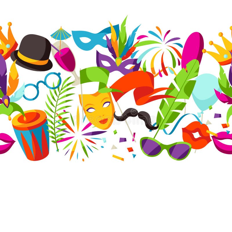 Carnival Party Seamless Pattern with Celebration Icons, Objects and ...