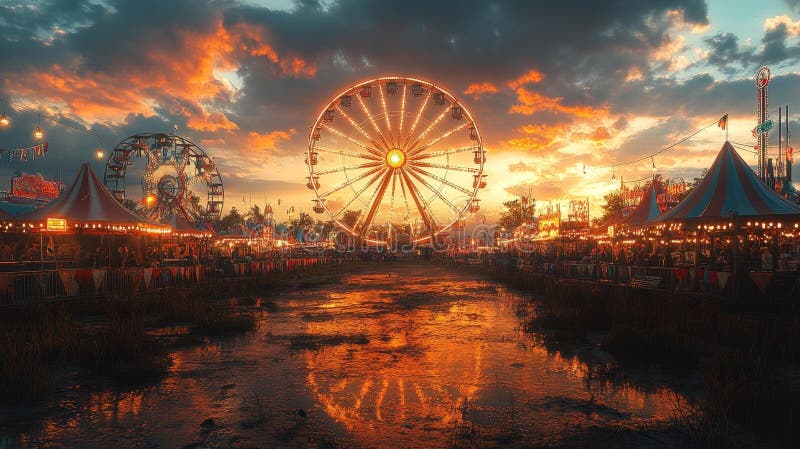Carnival at Sunset with Ferris Wheel and Vibrant Sky Stock Illustration ...