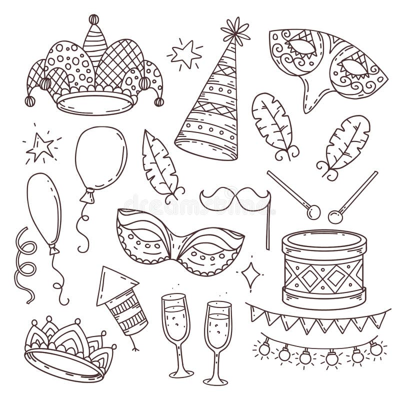 Carnival Symbols and Attributes Collection in Doodle Style on White ...