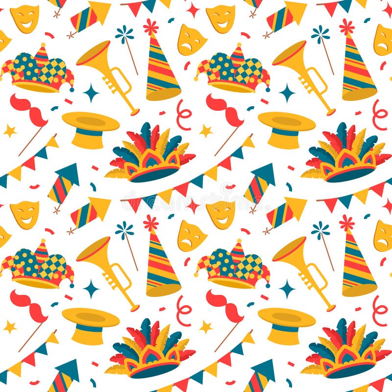 Carnival Symbols, Seamless Pattern,flat Style on White Background Stock ...