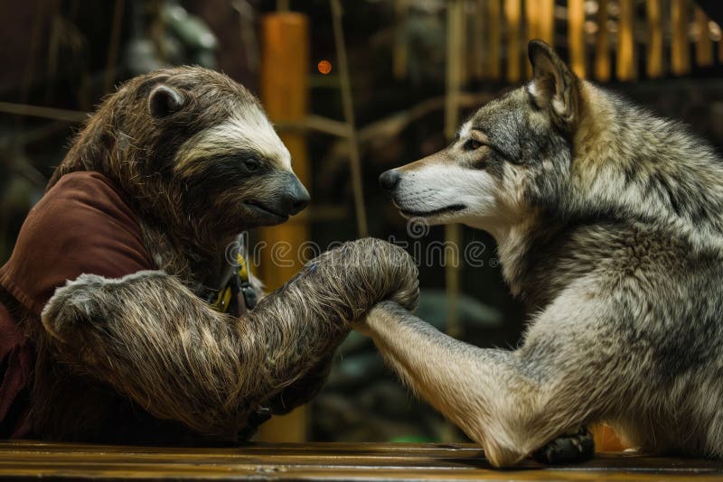 Carnivore Animals, a Sloth and a Wolf, Arm Wrestle on a Table Stock ...