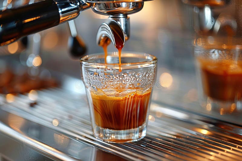 A Carob Coffee Machine Pours a Stream of Hot, Fresh Coffee into a Cup ...