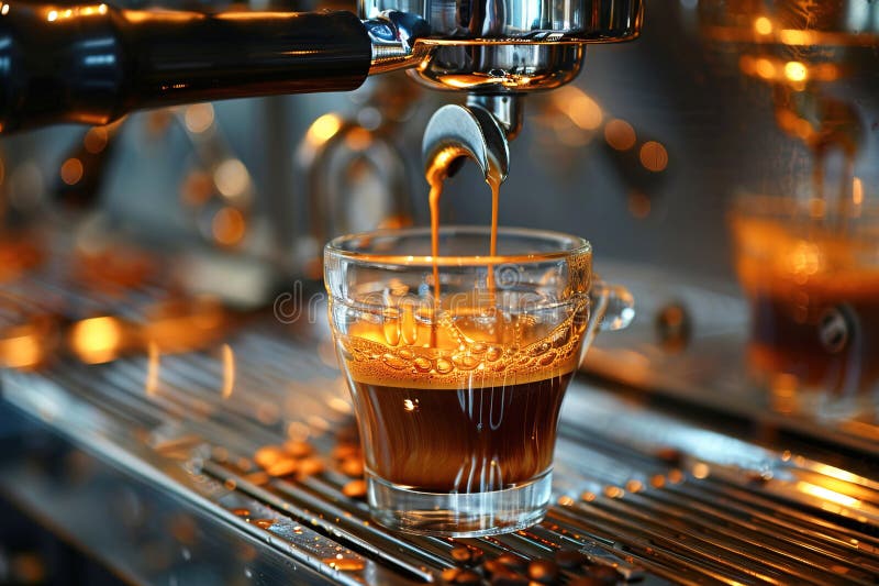A Carob Coffee Machine Pours a Stream of Hot, Fresh Coffee into a Cup ...
