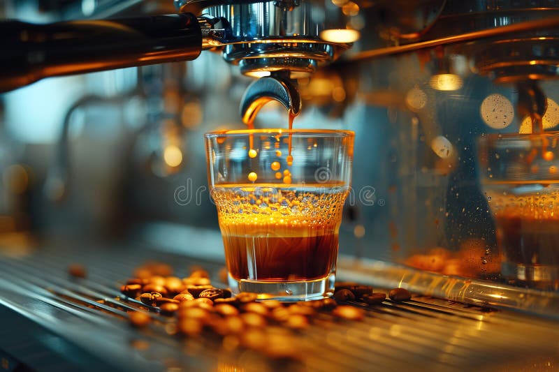 A Carob Coffee Machine Pours a Stream of Hot, Fresh Coffee into a Cup ...