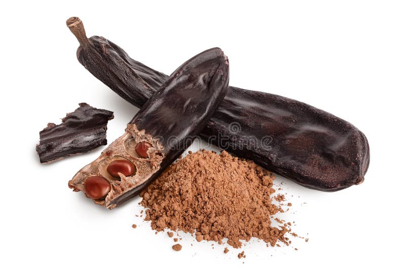 Carob Pod and Powder Isolated on White Background with Full Depth of ...