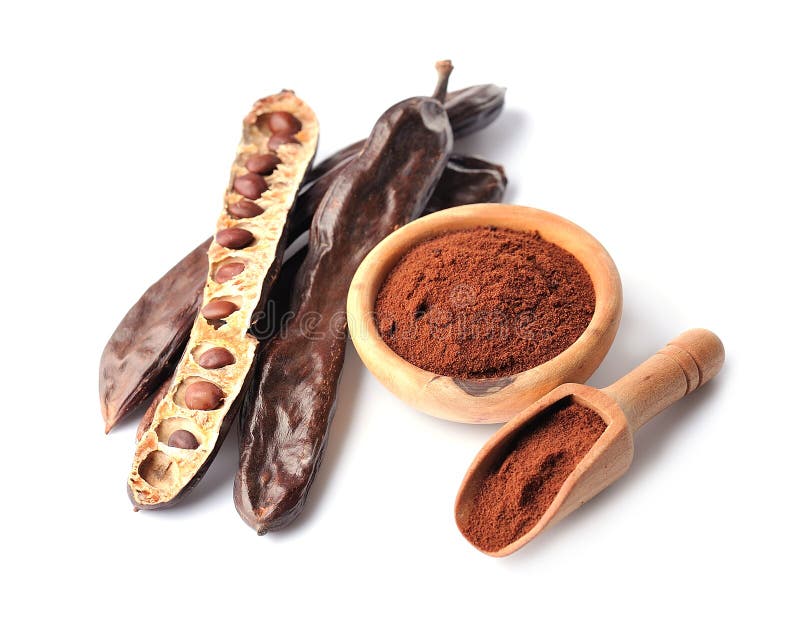 Carob Pod and Powder Isolated on White Background with Full Depth of ...
